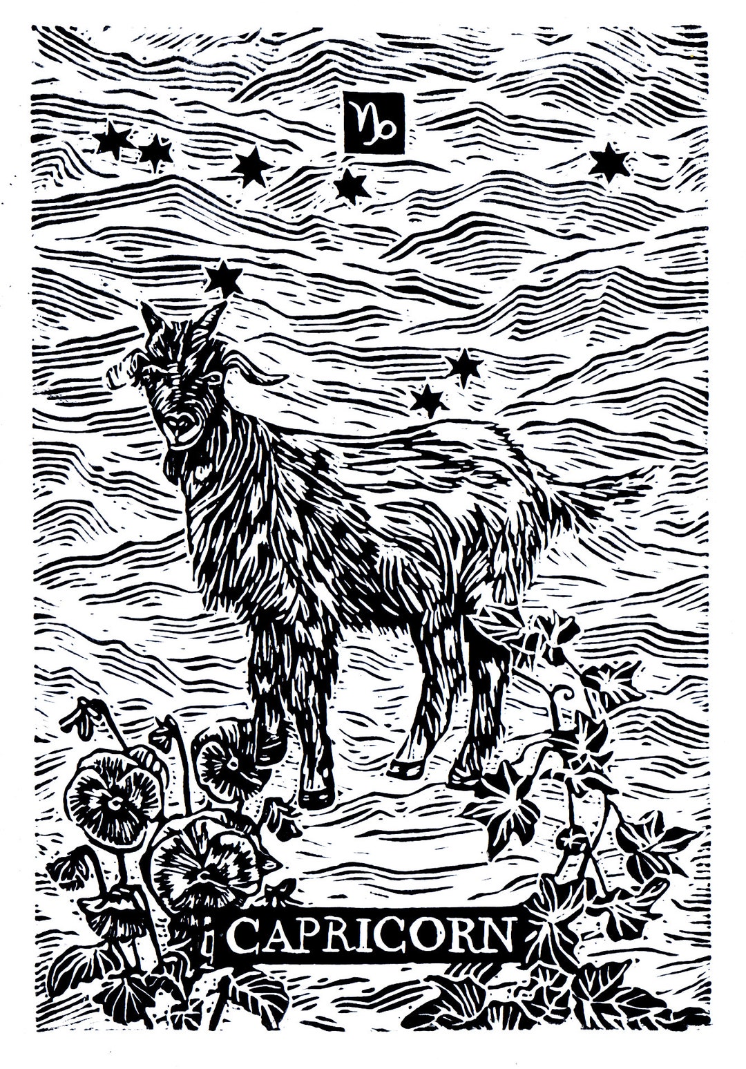 CAPRICORN, Linocut Print, Zodiac Sign, Astrology Prints, Art Print ...