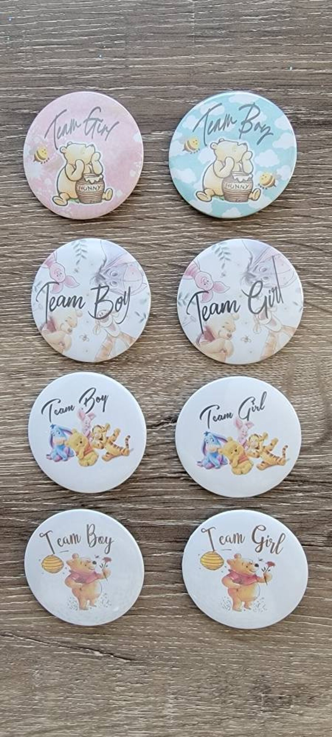 Classic Winnie the Pooh Team Boy and Team Girl Buttons for Baby Gender ...