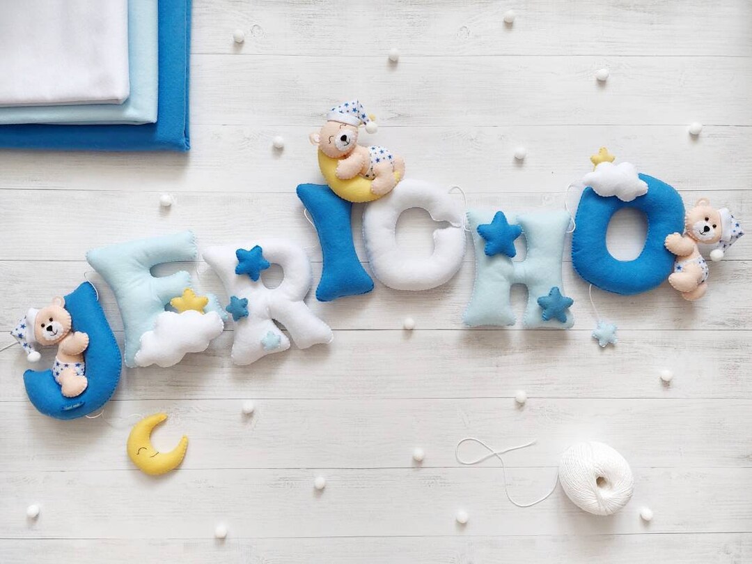 Custom Felt Name Garland, Blue Baby Name Sign, Bear Nursery Banner ...