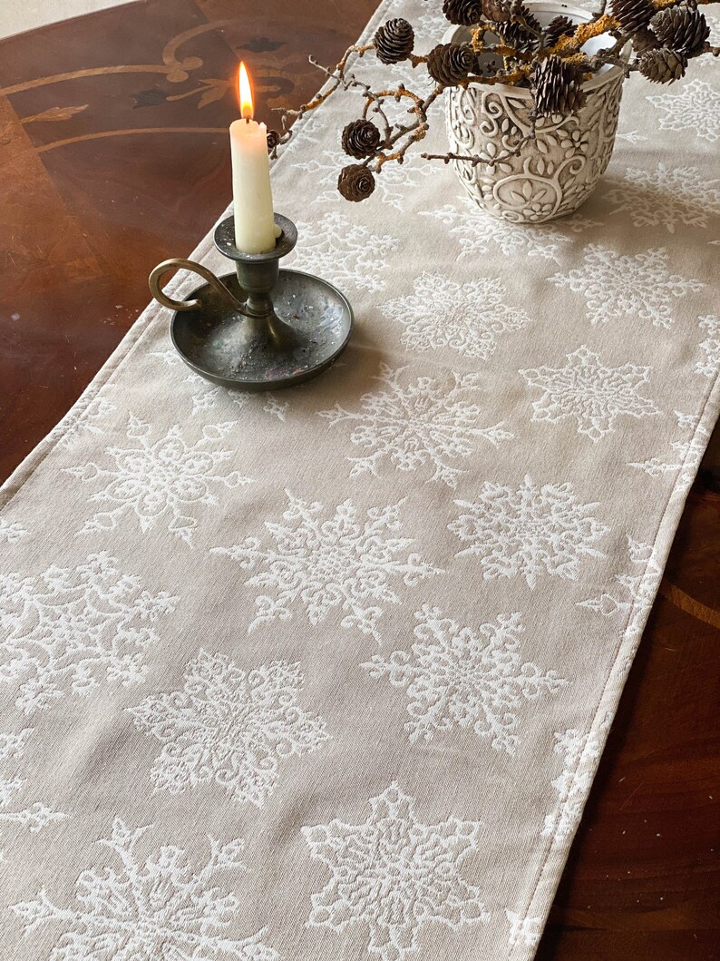 White Christmas Table Runner With Tan Snowflakes, Cotton Winter Table ...