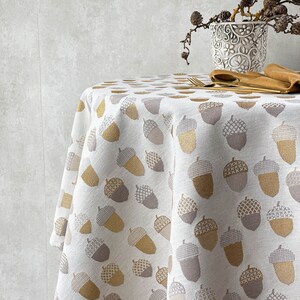 Golden Autumn Tablecloth, Acorn Fabric, White Gold Tablecloth, Winter ...