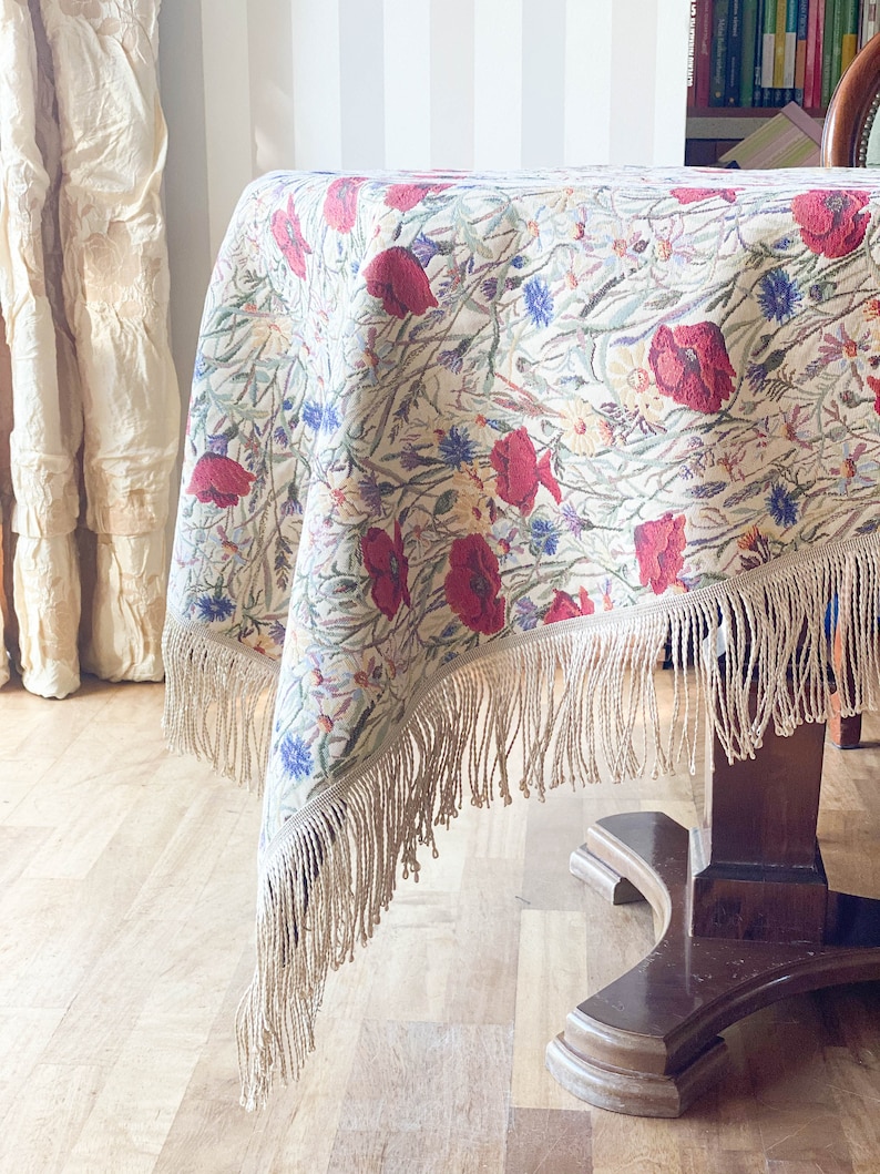 Round Floral Fabric Tablecloth With Fringes, Machine Washable ...