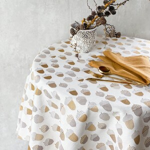 Golden Autumn Tablecloth, Acorn Fabric, White Gold Tablecloth, Winter ...