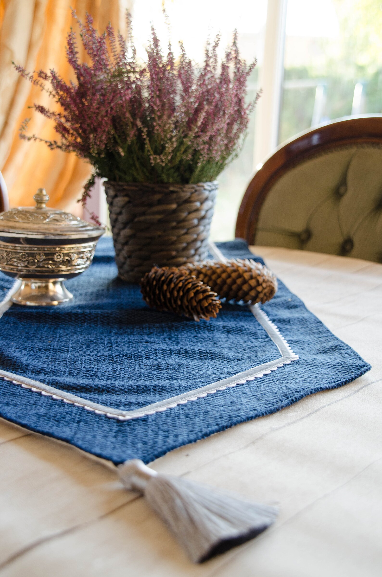Blue Tapestry Table Runner With Grey Tassels Washable Soft | Etsy