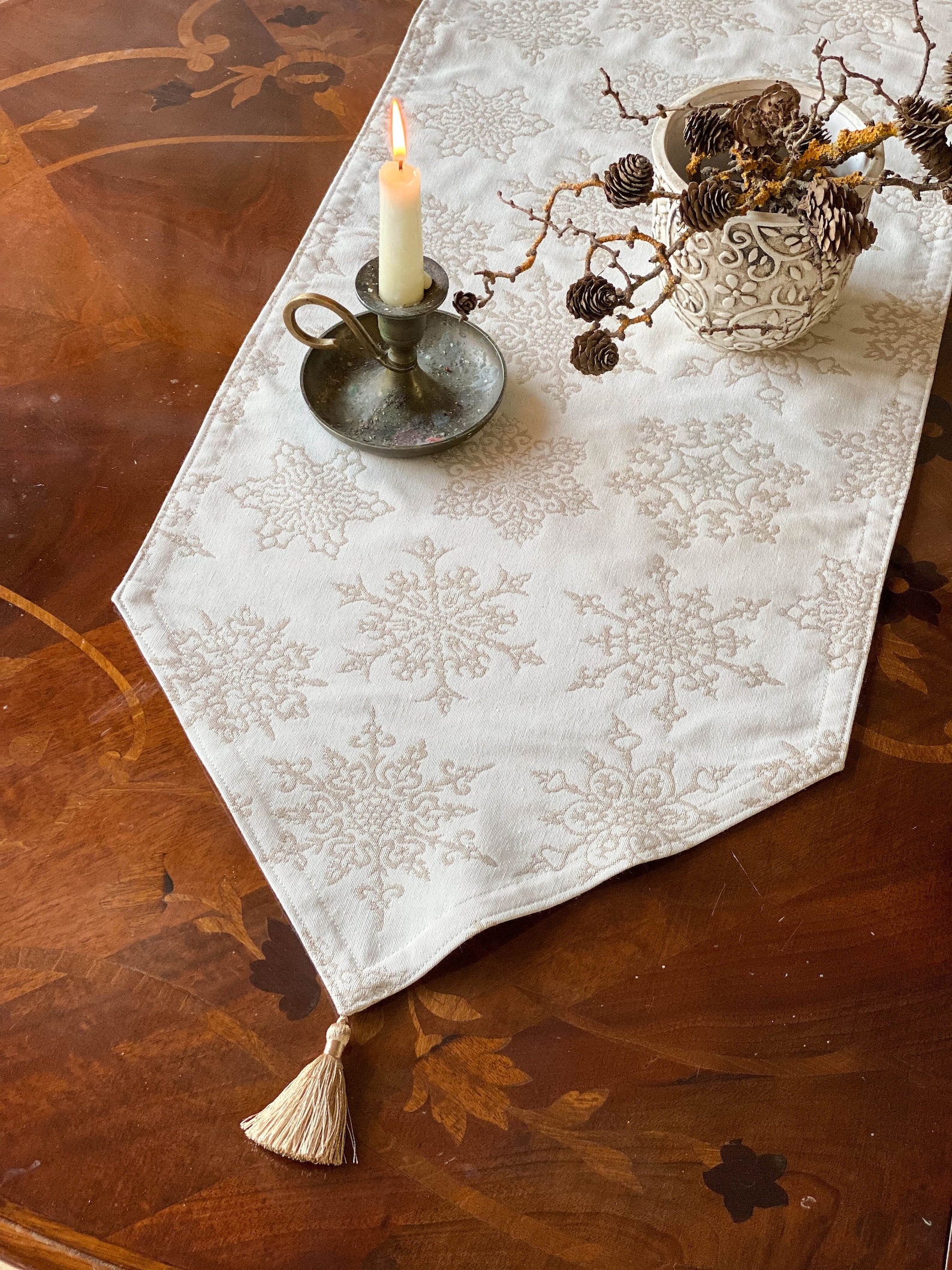 White Christmas Table Runner With Tan Snowflakes, Cotton Winter Table ...