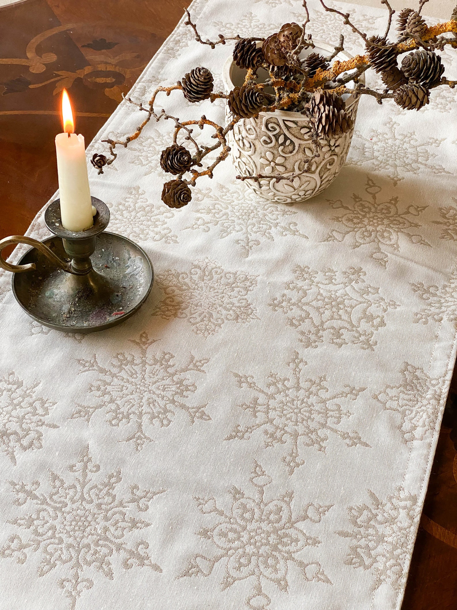 White Christmas Table Runner With Tan Snowflakes, Cotton Winter Table ...