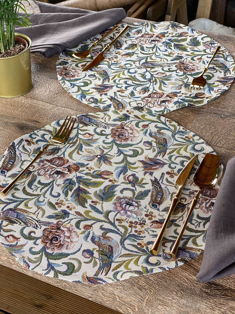Set of Round Floral Jacquard Placemats, Autumn Table Setting Placemats ...