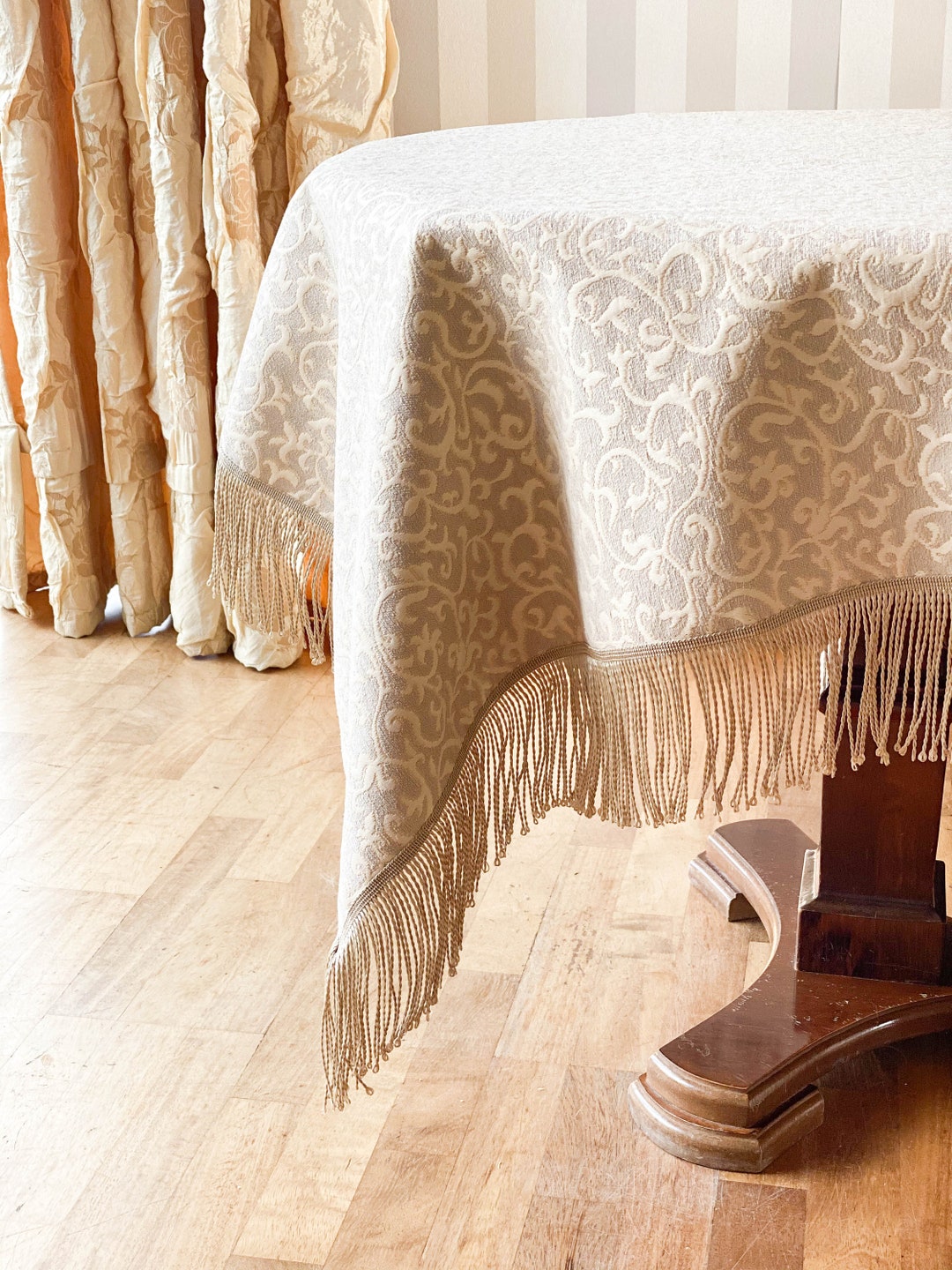 Easy Care Natural Fabric Tablecloth With Fringes, Round or Rectangular ...