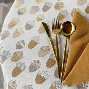 Golden Autumn Tablecloth, Acorn Fabric, White Gold Tablecloth, Winter ...