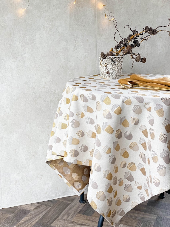 Golden Autumn Tablecloth Acorn Fabric White Gold Tablecloth - Etsy