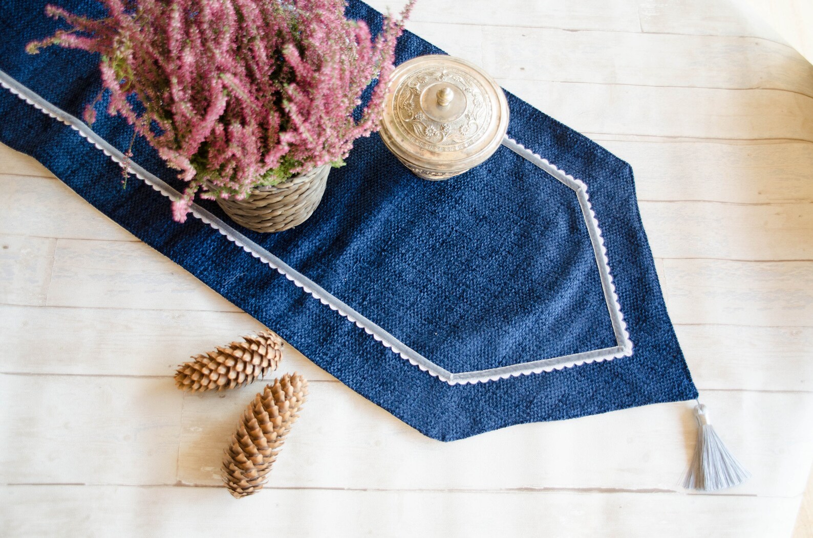 Blue Tapestry Table Runner With Grey Tassels Washable Soft | Etsy