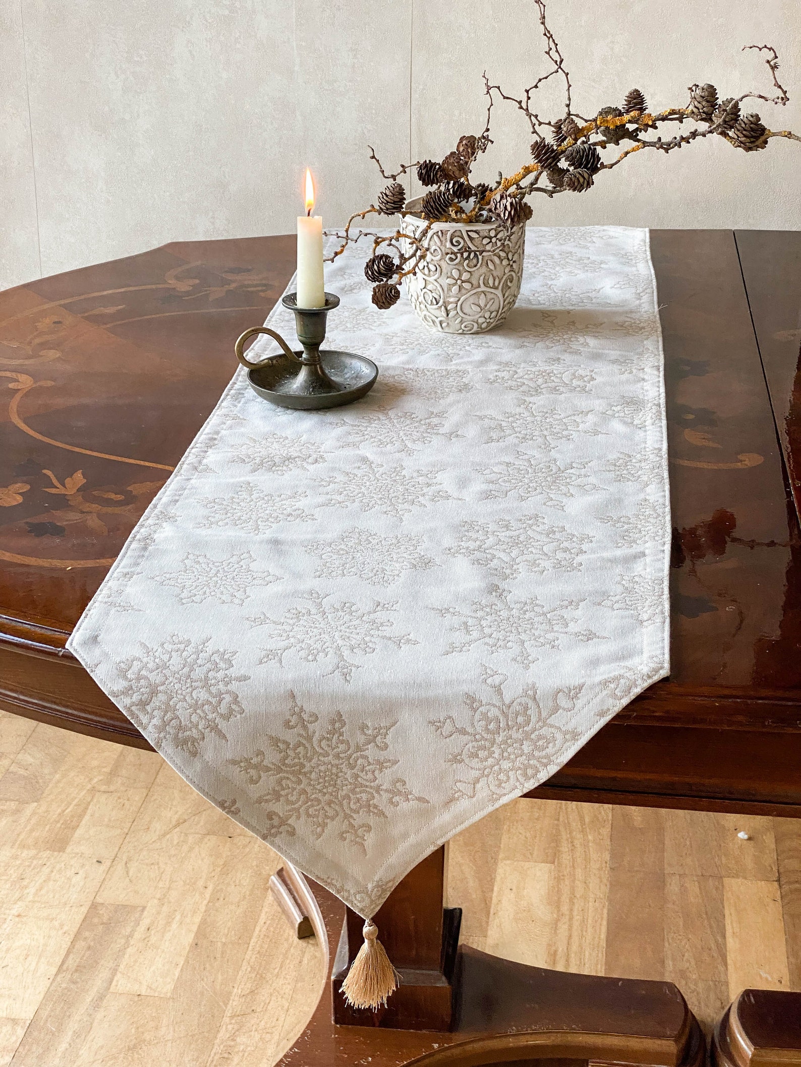 White Christmas Table Runner With Tan Snowflakes, Cotton Winter Table ...