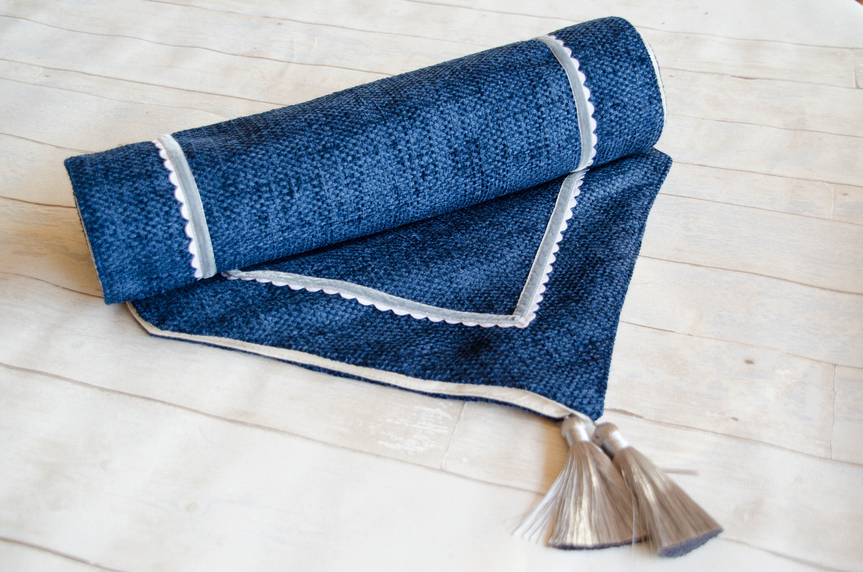 Blue Tapestry Table Runner With Grey Tassels Washable Soft | Etsy