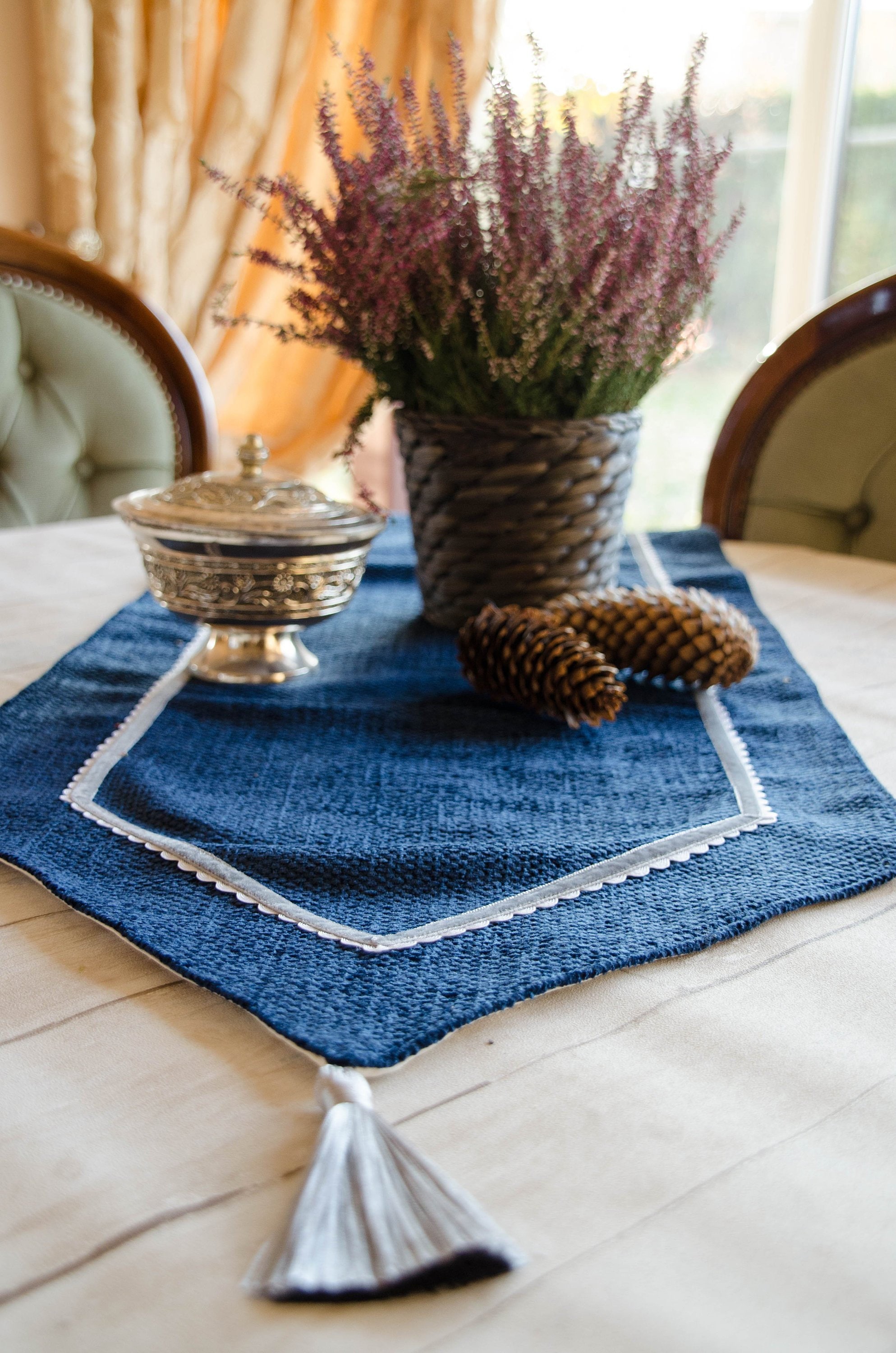 Blue Tapestry Table Runner With Grey Tassels Washable Soft | Etsy