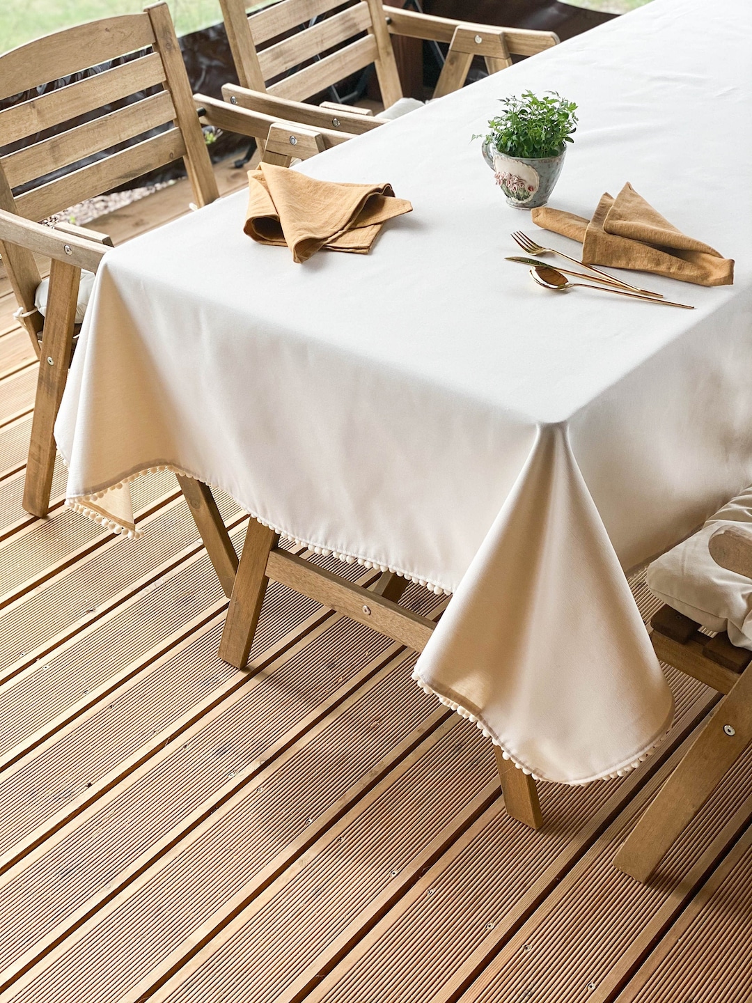 Waterproof Garden Tablecloth With Pom Pom Trim, Ivory Outdoor ...