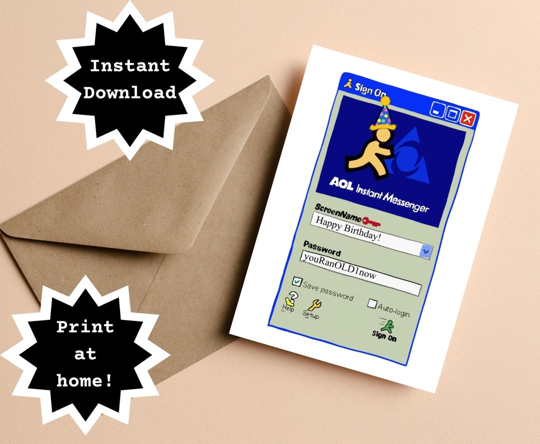 INSTANT Download! Print at Home! AOL AIM Nostalgia Funny Birthday Card ...