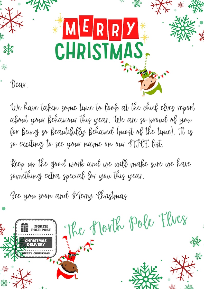 Christmas Santa ELF Letter Template Digital Instant Download Children ...