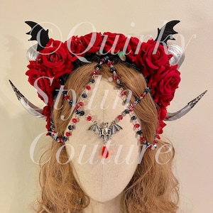 Vampire Bat Wings Horns Headpiece Red Rose Silver Horned Headdress ...