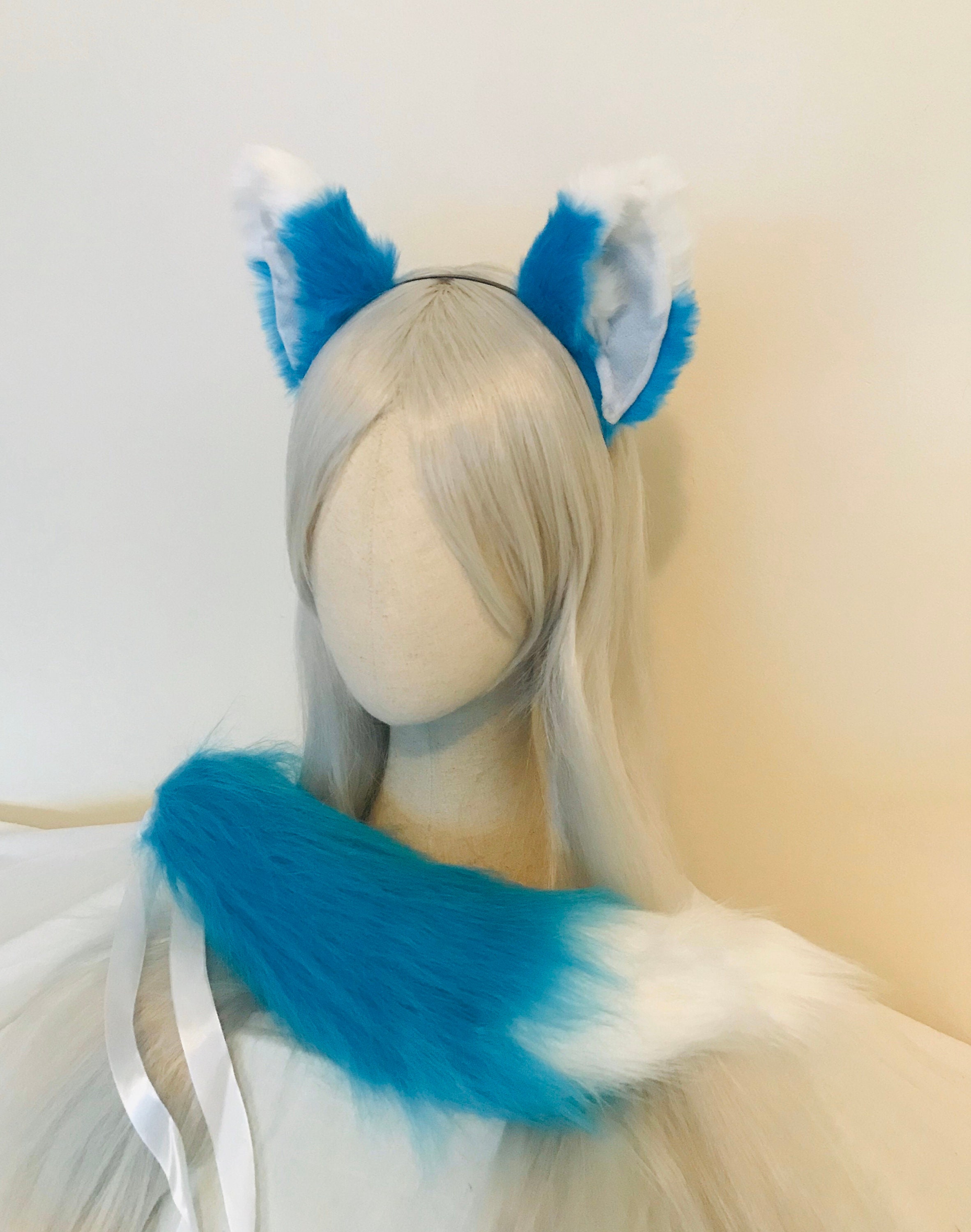 Bright Blue White Tip Fox Tail & Fox Ears Headband Cosplay Costume ...