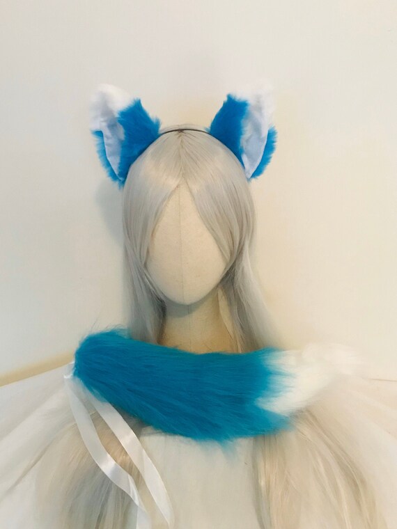 Bright Blue White Tip Fox Tail & Fox Ears Headband Cosplay | Etsy