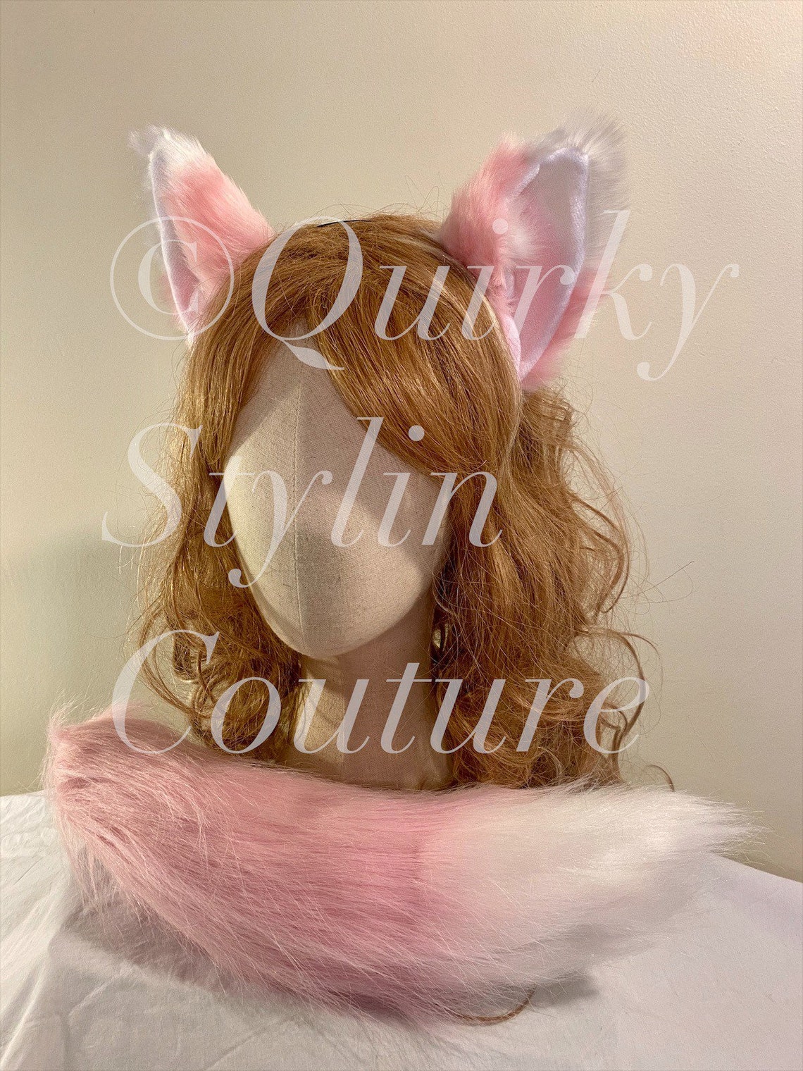 Pastel Pink White Tip Fox Tail & Fox Ears Headband Cosplay Costume ...