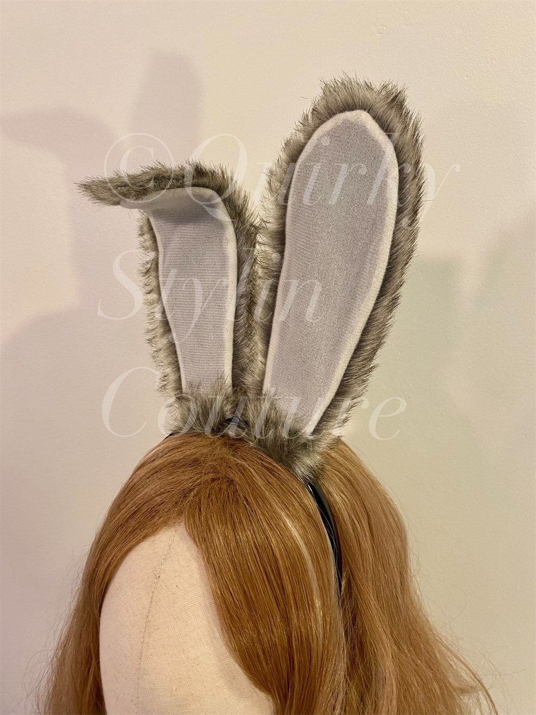 Natural Grey Bunny Rabbit Ears & Tail Set Posable Cosplay Hare Gray Ear ...