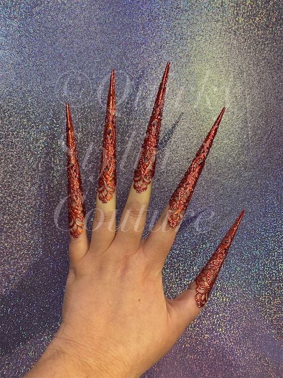 Devil Witch Claws Gothic metallic red stiletto filigree nail | Etsy