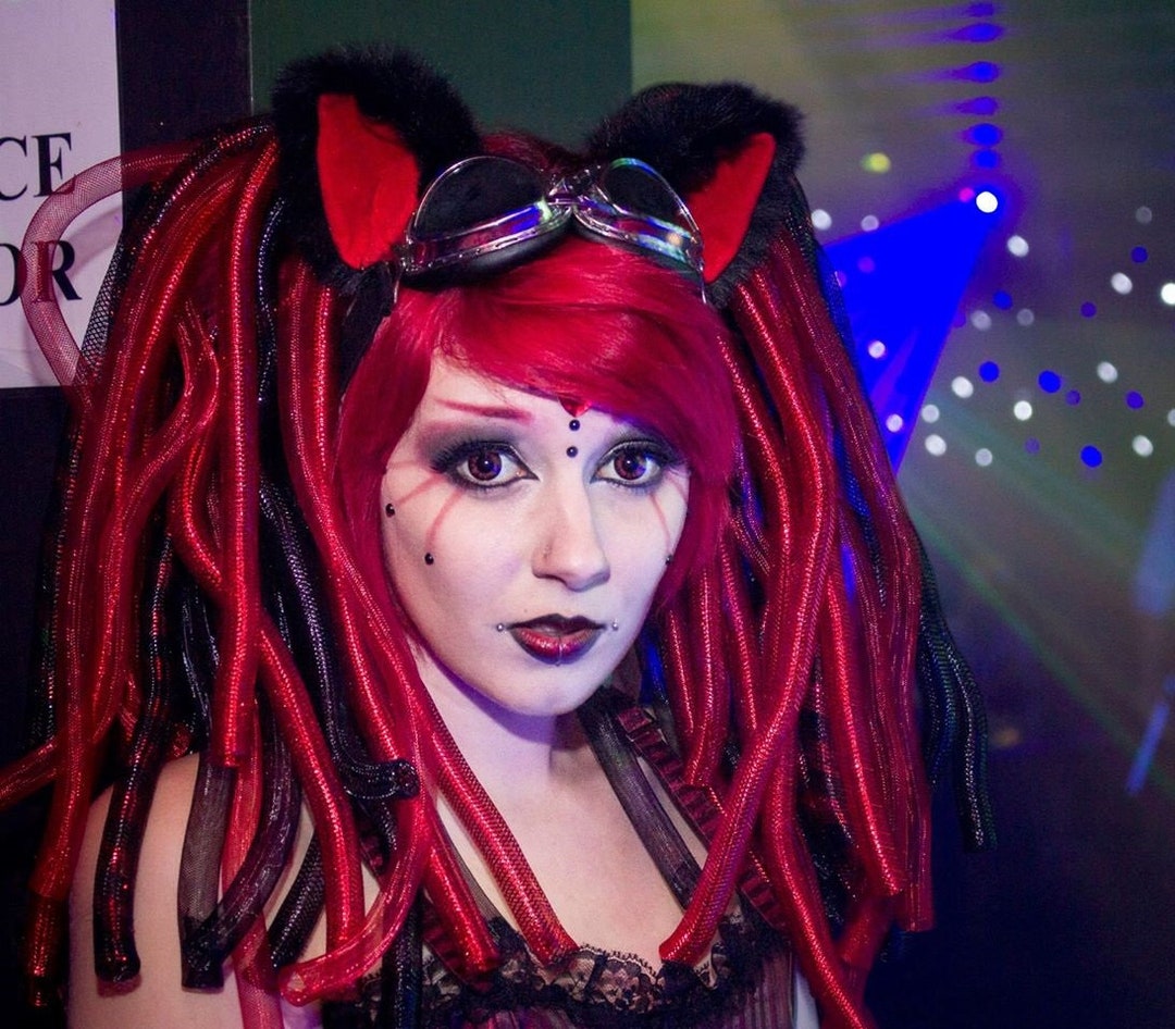 Red & Black Cyberlox Hair Falls Wig Cybergoth Gothic Rave Cyberpunk ...