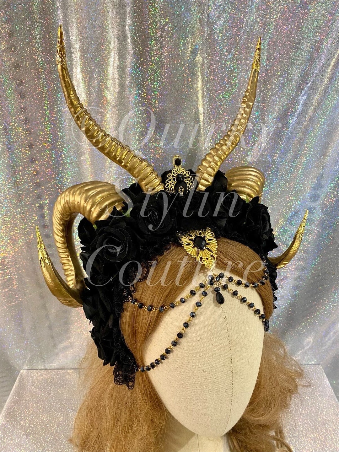 Golden Tiefling Headpiece Double Horned Lucifer Demon Horns Headdress ...
