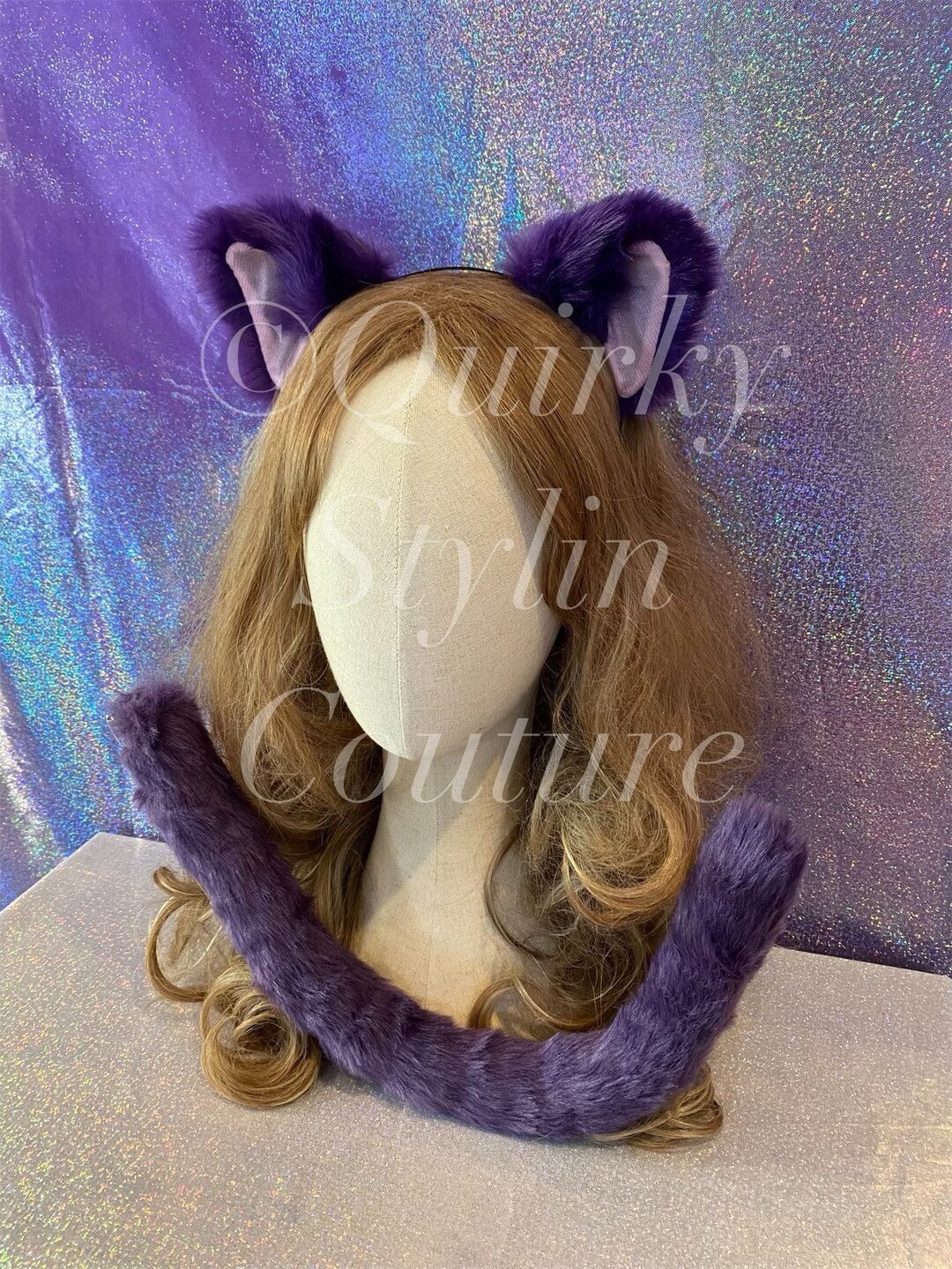 Purple Pink Cat Ears & Tail Set Adult Cosplay Kawaii Gothic Lolita Maid ...