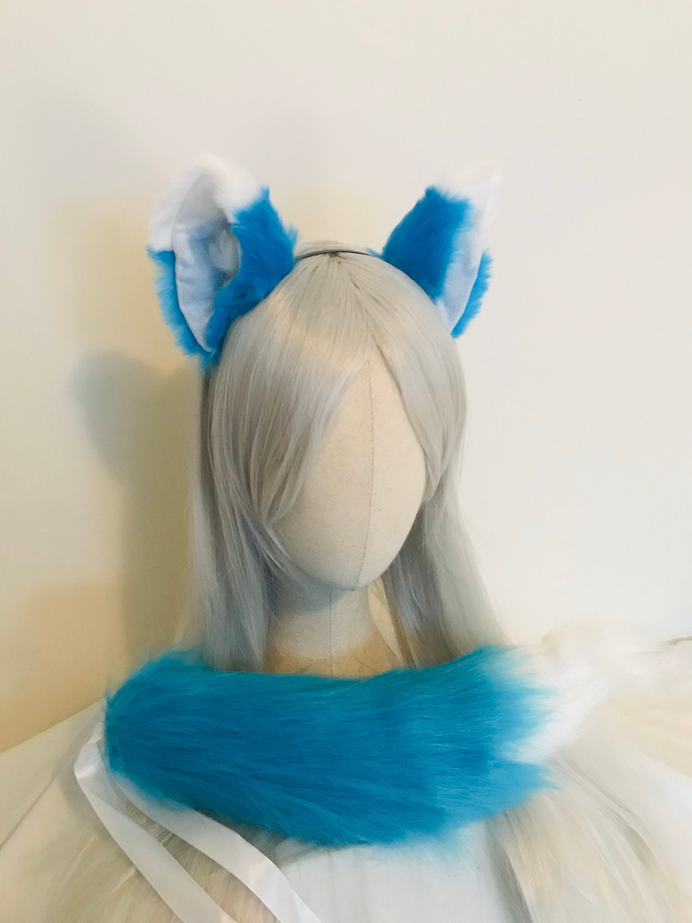 Bright Blue White Tip Fox Tail & Fox Ears Headband Cosplay Costume ...