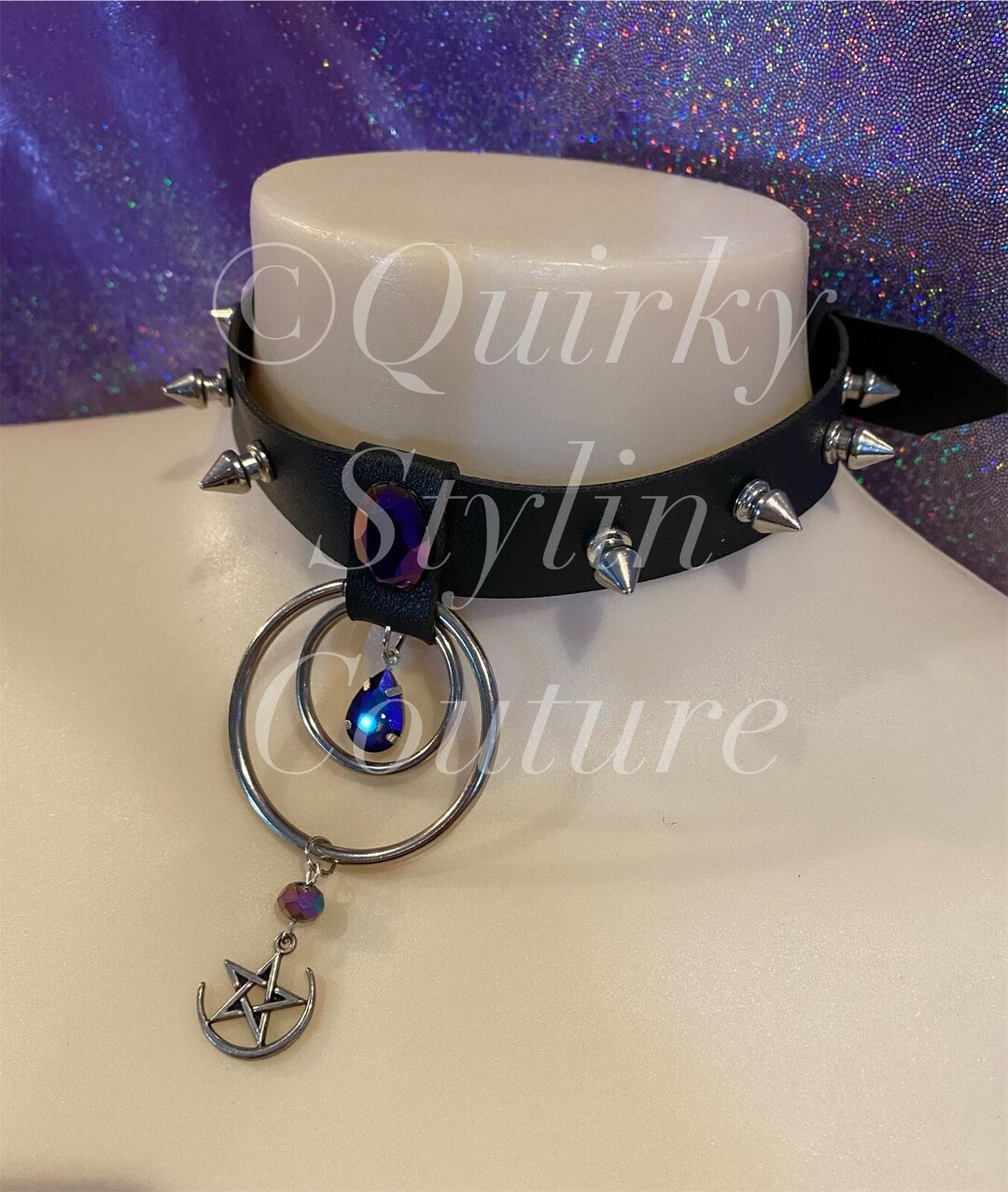 Pentagram & Moon Black Spikes Jewel Collar O-ring Choker Kittenplay ...