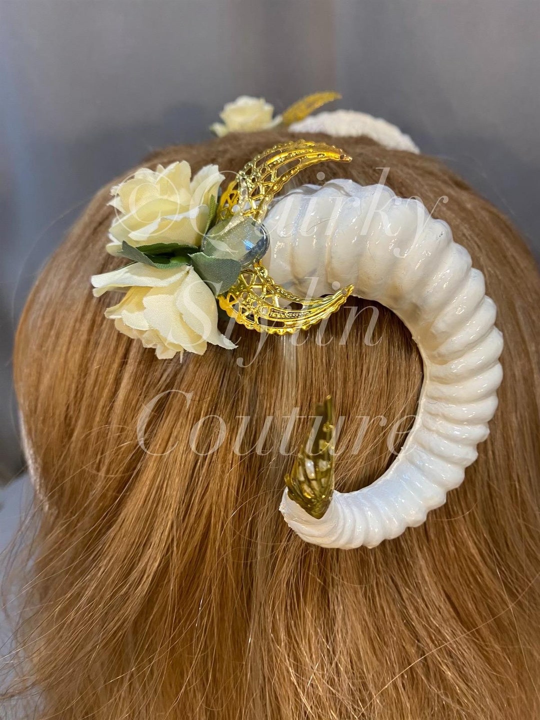 White Mini Horns Golden Moon Gothic Hair Clips Floral Headpiece Demon ...