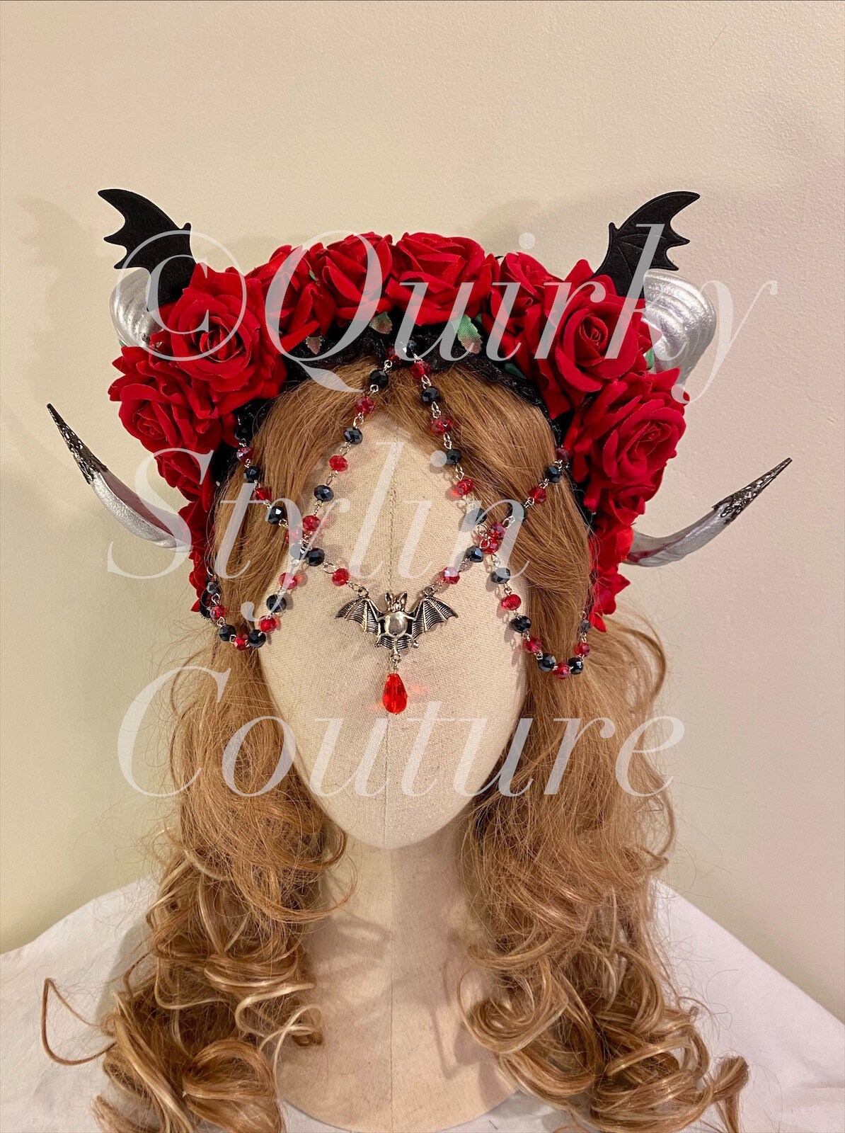 Vampire Bat Wings Horns Headpiece Red Rose Silver Horned Headdress ...