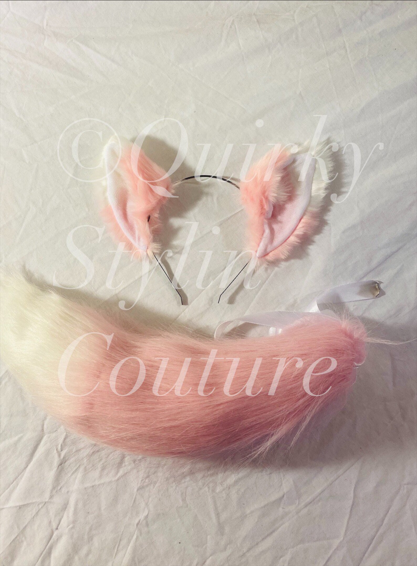 Pastel Pink White Tip Fox Tail & Fox Ears Headband Cosplay Costume ...