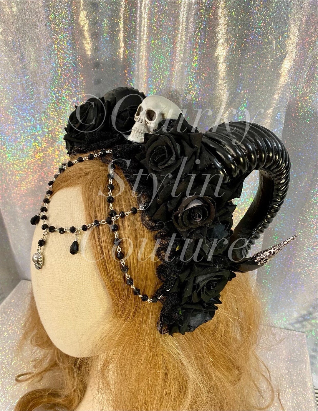Black Death Magic Horns Headpiece Rose & Skull Necromancer Demon Horn ...
