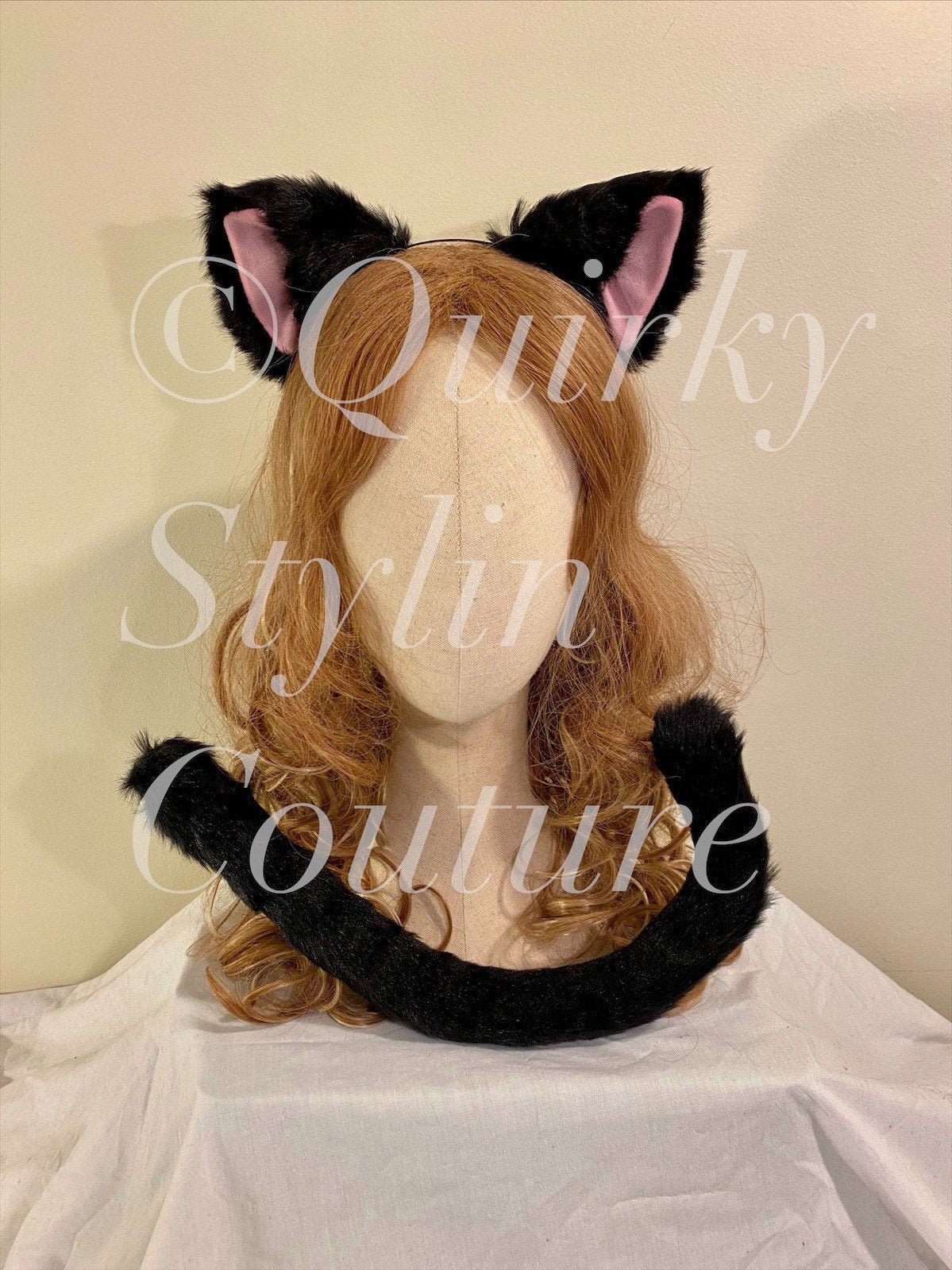 Black Pink cat kitty ears & tail set furry cosplay kawaii | Etsy