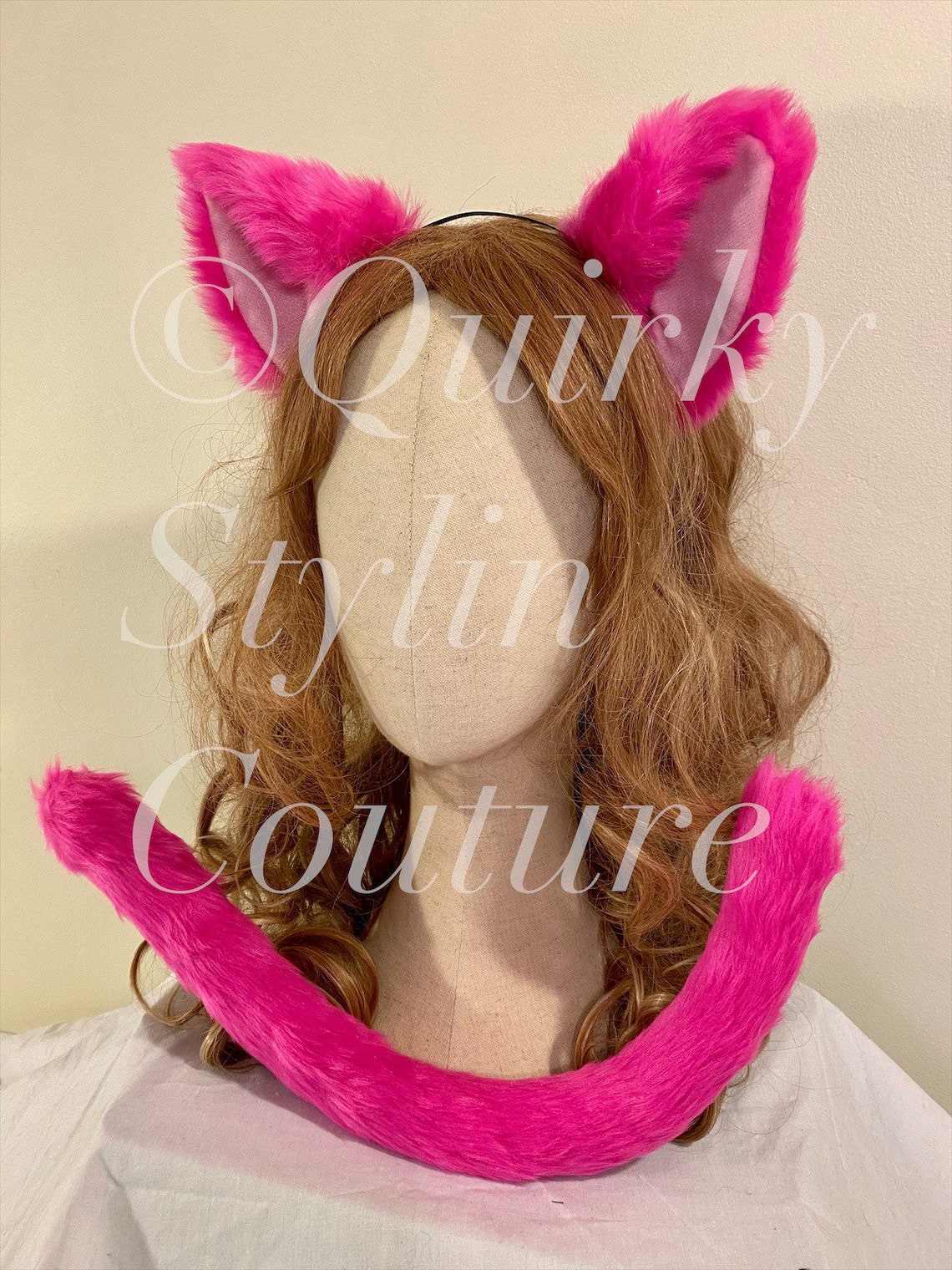 Hot pink cat ears & tail set large cosplay neon kawaii gothic | Etsy