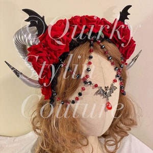 Vampire Bat Wings Horns Headpiece Red Rose Silver Horned Headdress ...
