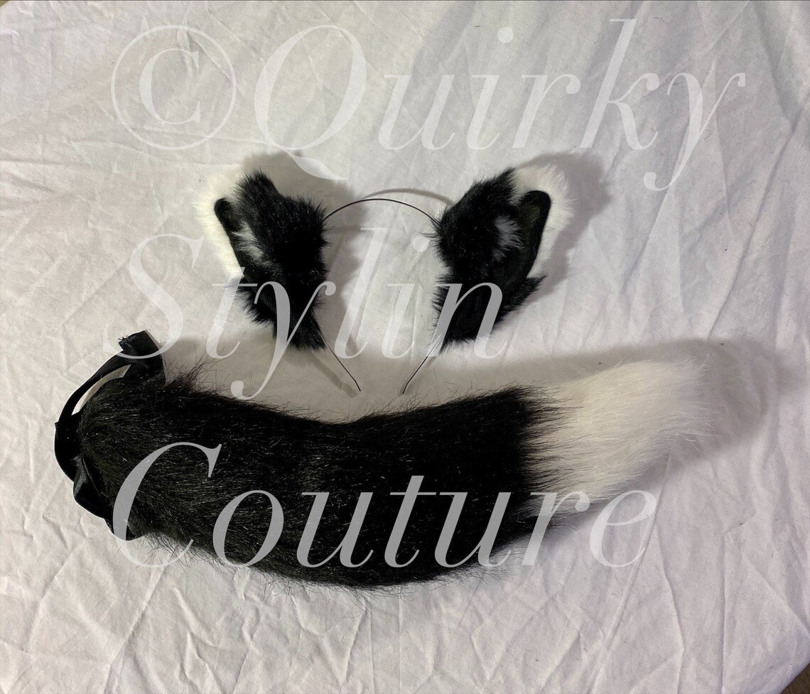 Black White Tip Fox Tail & Fox Ears Headband Cosplay Costume Festival ...