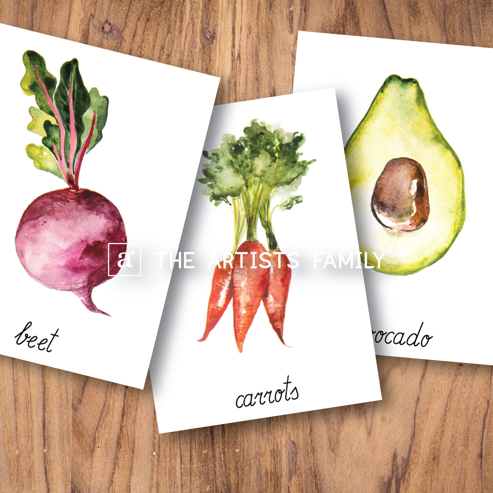 VEGETABLES Cards Watercolor Montessori Nomenclature Flash 3 Parts ...