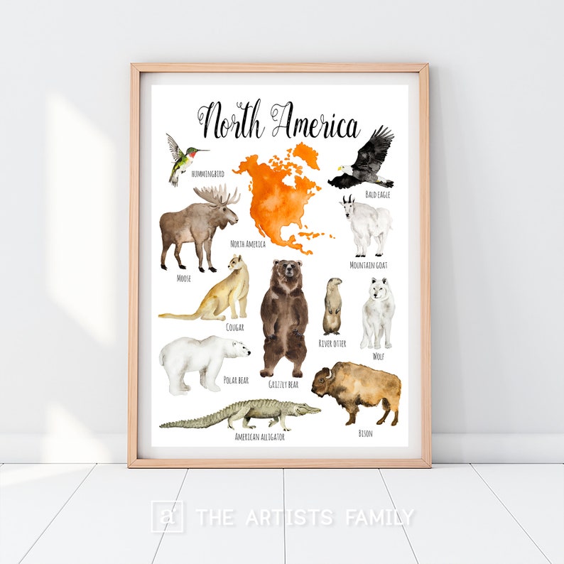 NORTH AMERICA Continent Animals Downloadable Prints Watercolor - Etsy