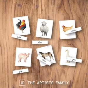 FARM ANIMALS Cards Watercolor Montessori Nomenclature Flash 3 Parts ...
