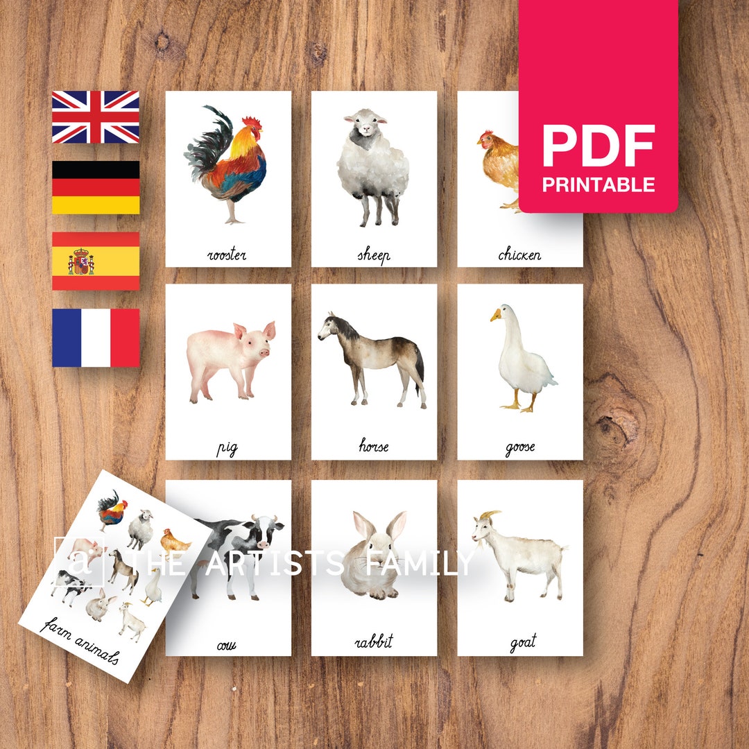 FARM ANIMALS Cards Watercolor Montessori Nomenclature Flash 3 Parts ...