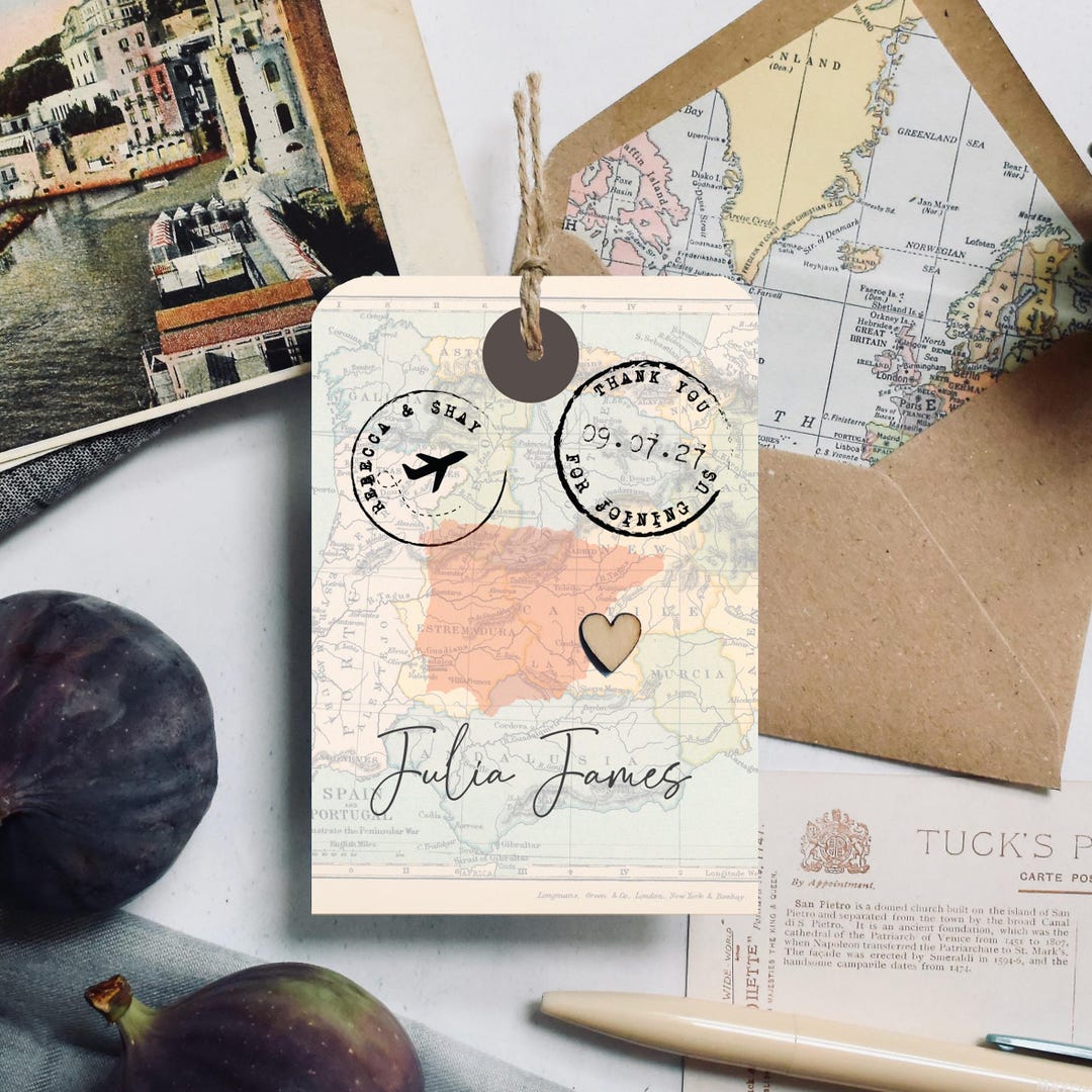 Vintage Style Map Luggage Tag Place Name/card, Wedding Place Name ...