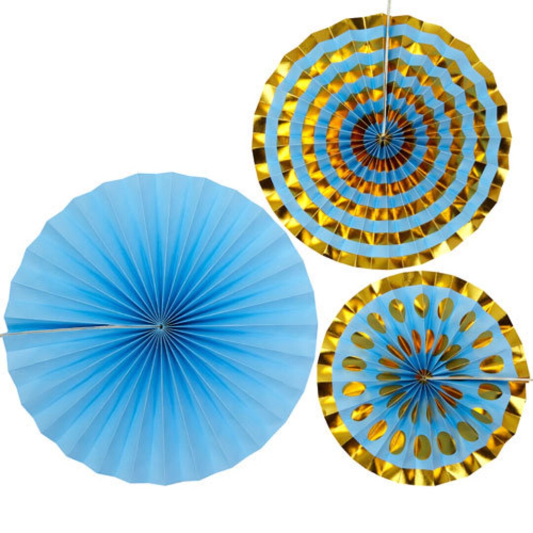 Blue Fans, Gold Tissue Rosettes Party Paper Fans Backdrop, Photo ...