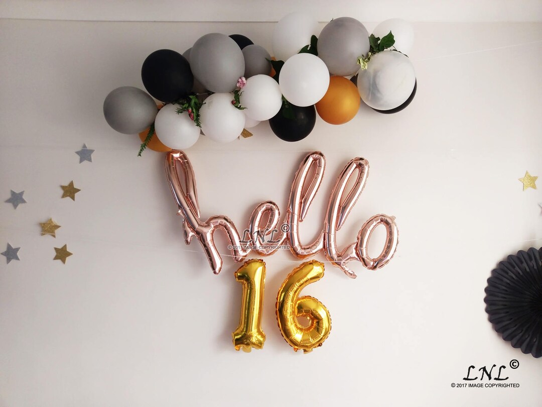 Hello Script Rose Gold Balloons Hello 16 Birthday, Sweet 16, 16th ...