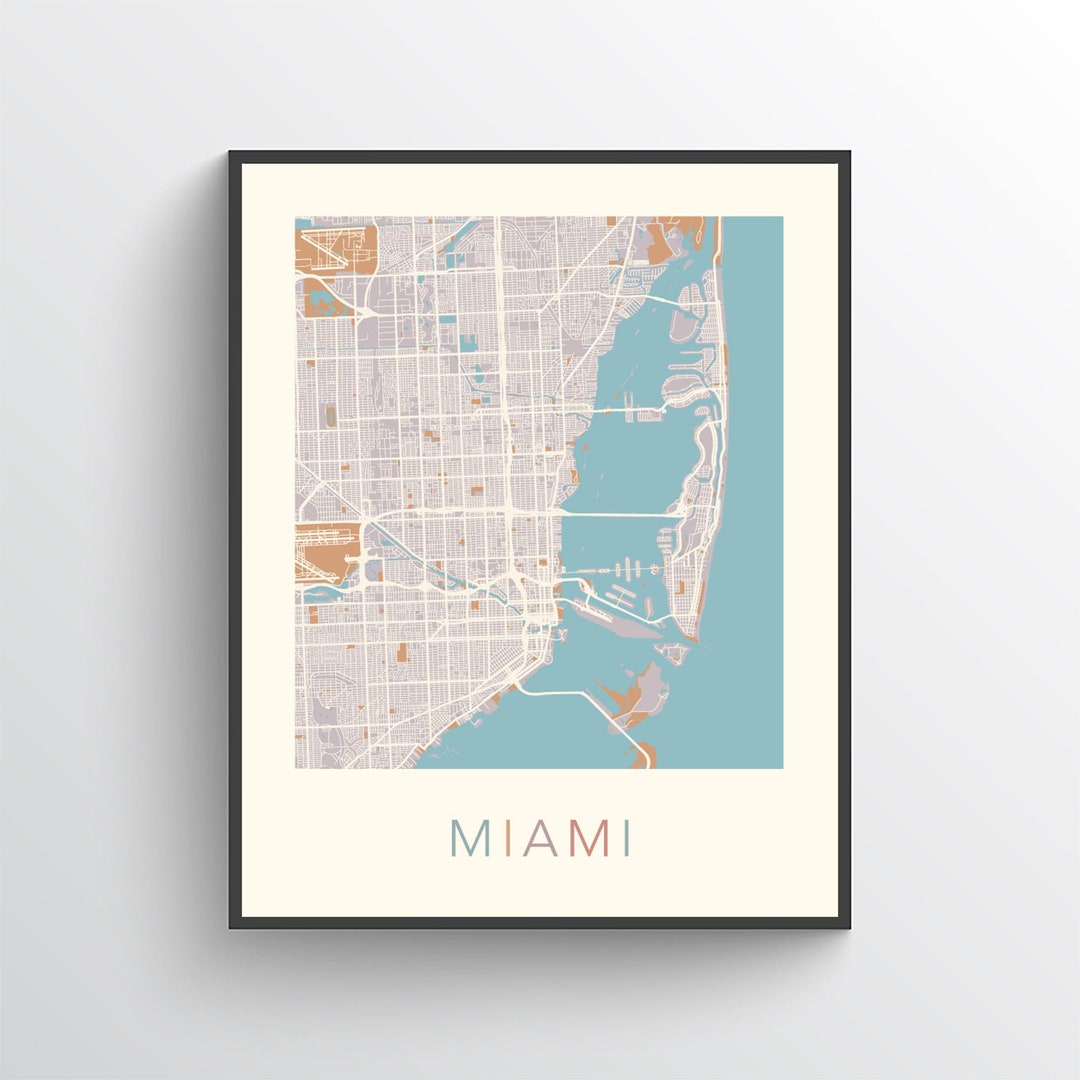 Miami Map, Miami Poster, Miami Print, Map of Miami, Miami Street Map ...
