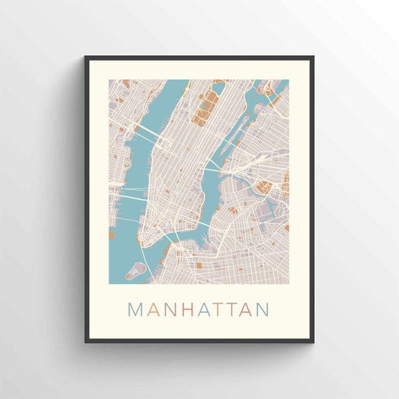 Manhattan Map New York Manhattan Print Manhattan Poster | Etsy