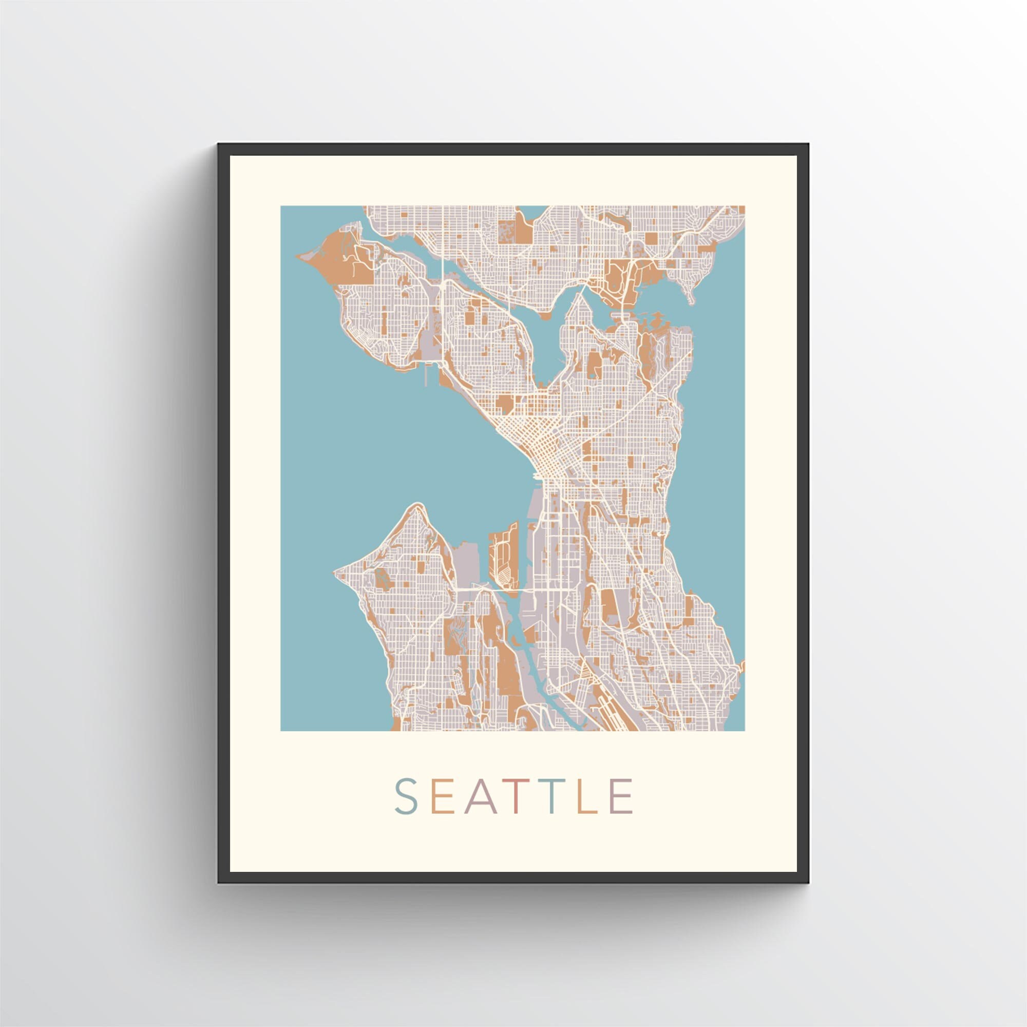 Seattle Map Seattle WA Seattle Print Seattle Poster Map of | Etsy